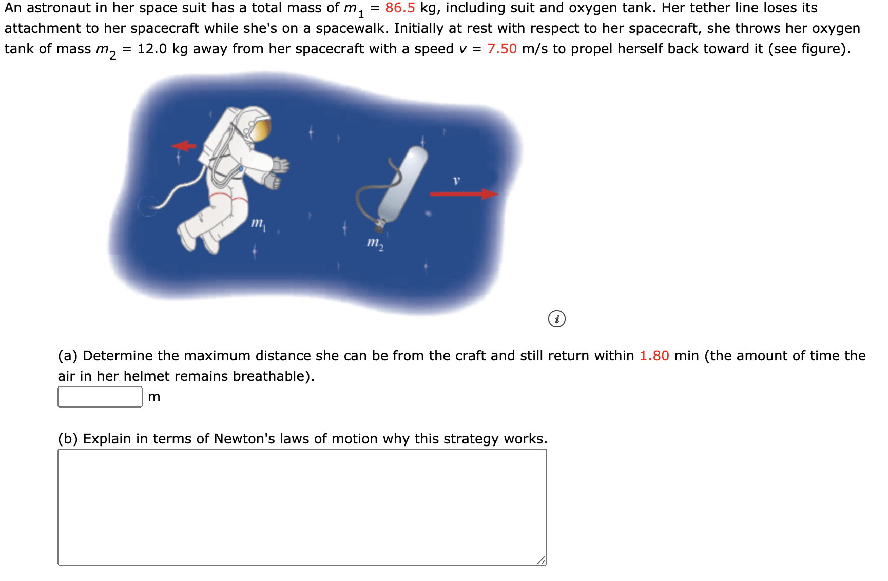 Solved m1 An astronaut in her space suit has a total mass of | Chegg.com