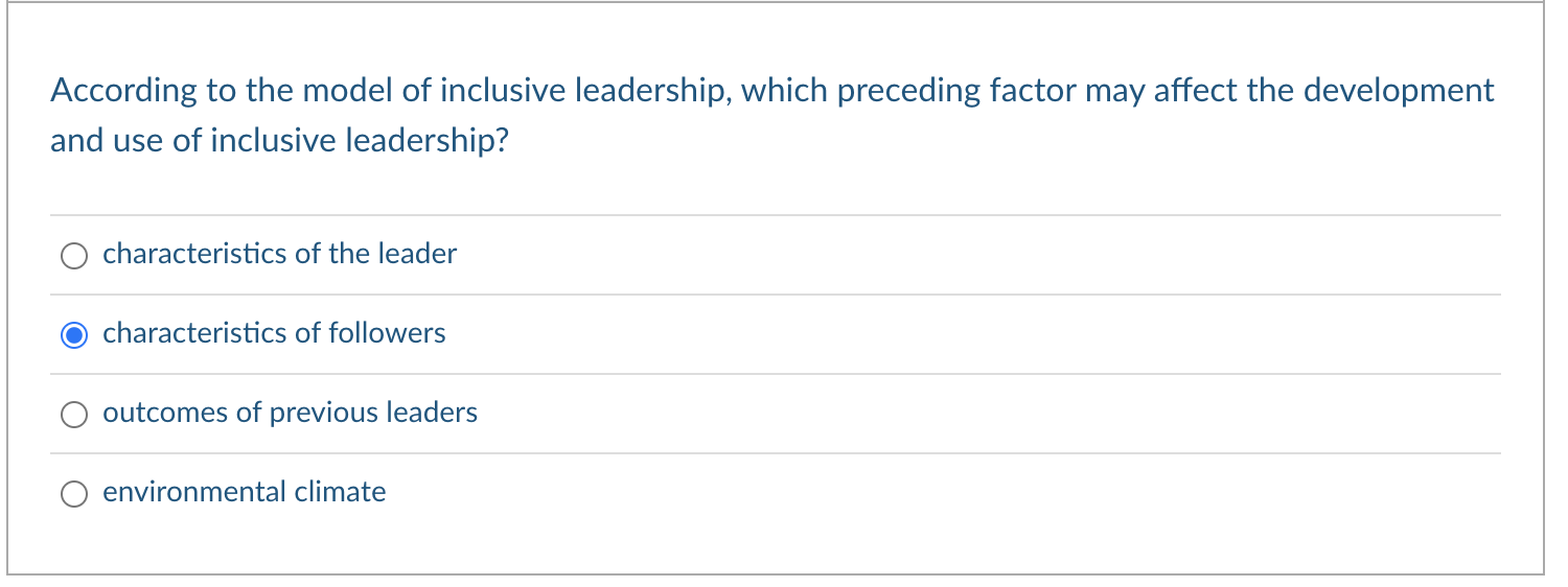 Solved According to the model of inclusive leadership, which | Chegg.com