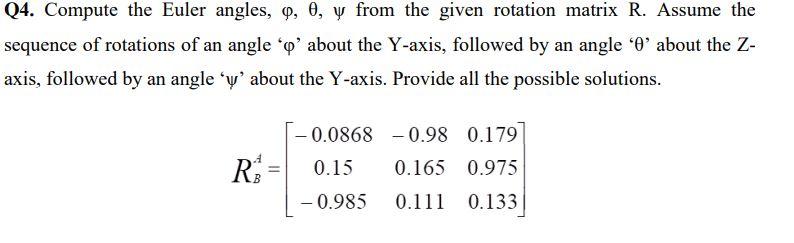 Solved Q4. Compute the Euler angles, 0, 0, y from the given | Chegg.com