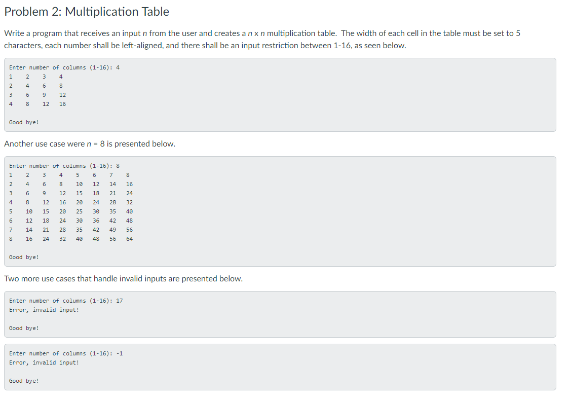 Solved Problem 2: Multiplication Table Write a program | Chegg.com