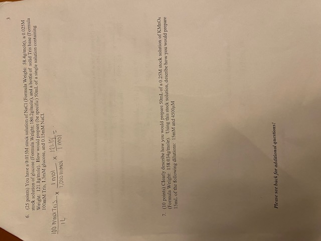Solved 6. (25 points) You have a 0.015M stock solution of | Chegg.com