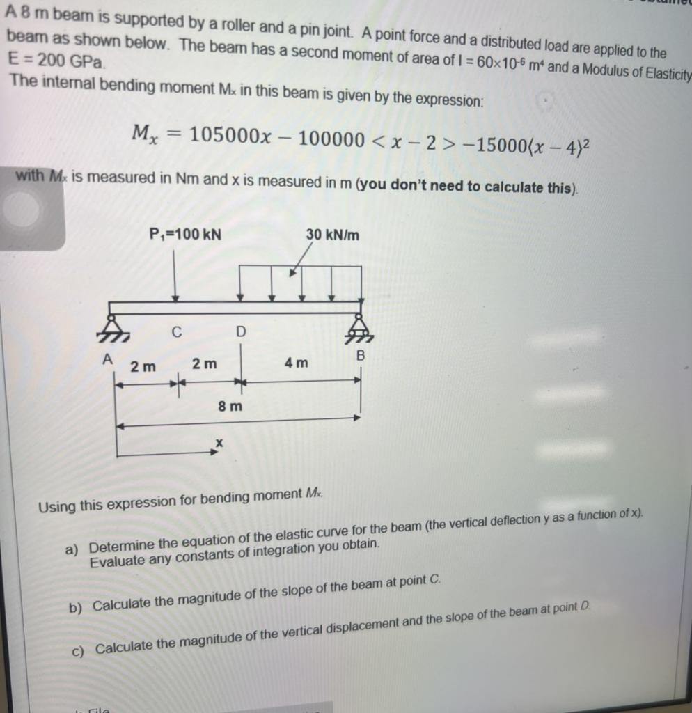 Solved A 8 m beam is supported by a roller and a pin joint. | Chegg.com