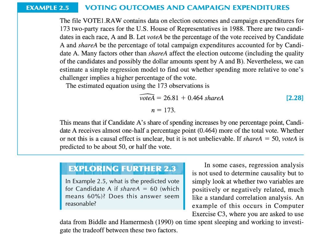 Solved EXAMPLE 2.5 VOTING OUTCOMES AND CAMPAIGN EXPENDITURES | Chegg.com