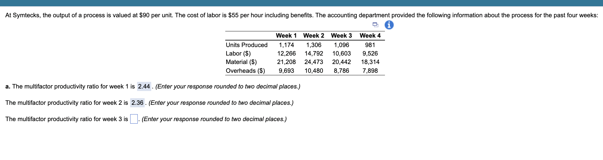 Solved a. The multifactor productivity ratio for week 1 is | Chegg.com