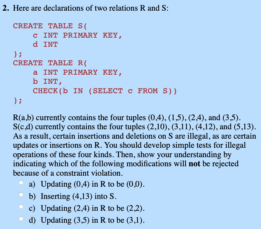 Solved 2. Here are declarations of two relations R and S: | Chegg.com