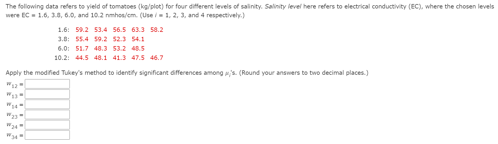 Solved The following data refers to yield of tomatoes | Chegg.com