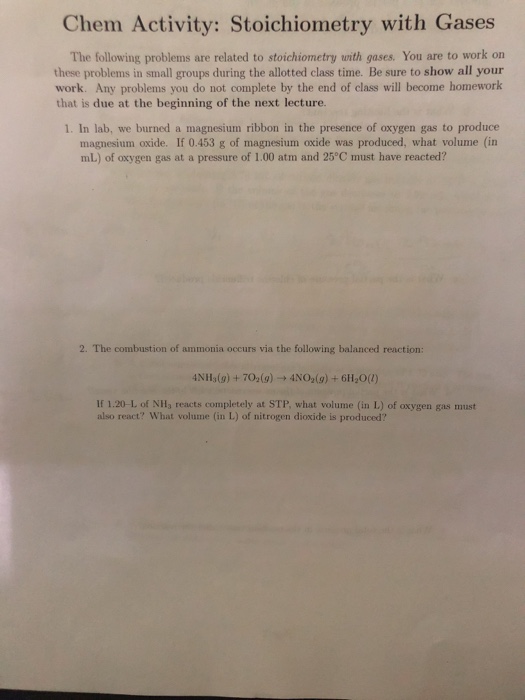 Solved Chem Activity: Stoichiometry with Gases The following | Chegg.com