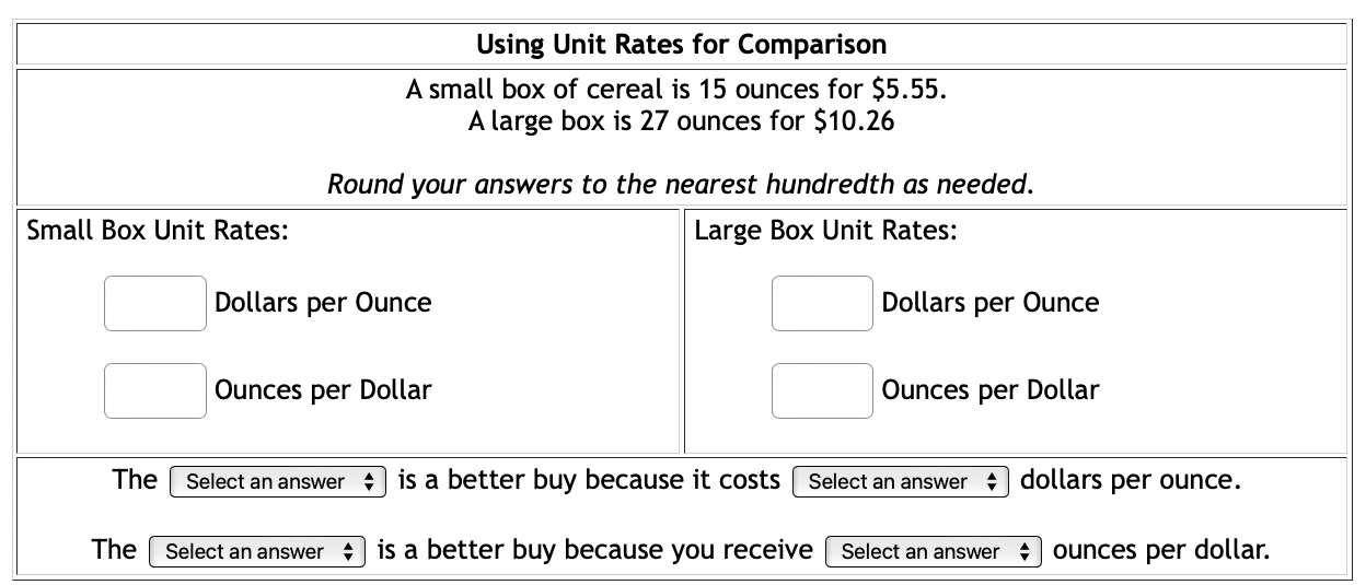 Solved \table[[Using Unit Rates for Comparison],[\table[[A | Chegg.com