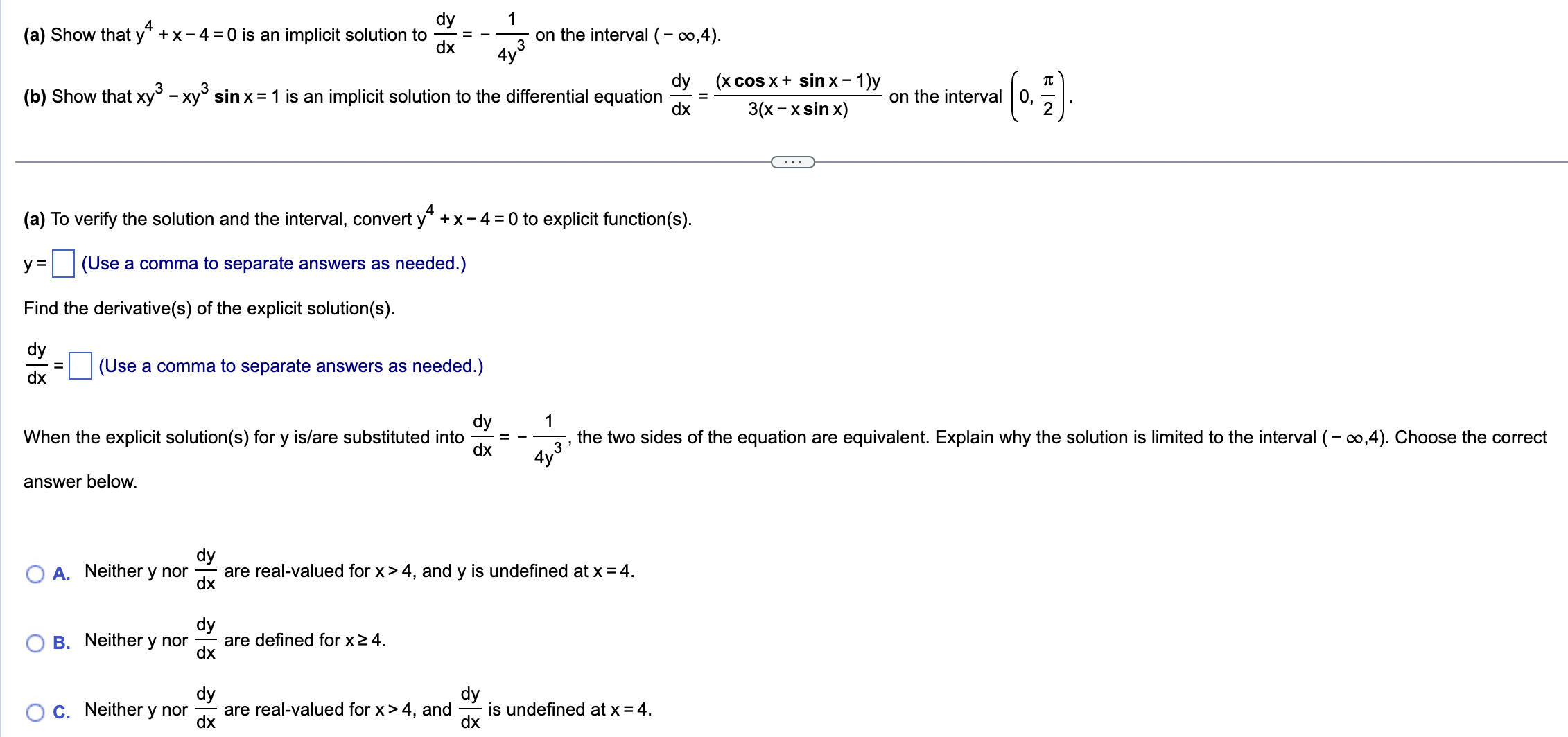 Solved (a) ﻿Show that y4+x-4=0 ﻿is an implicit solution to | Chegg.com