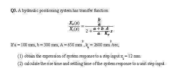 Solved 03. A hydraulic positioning system has transfer | Chegg.com