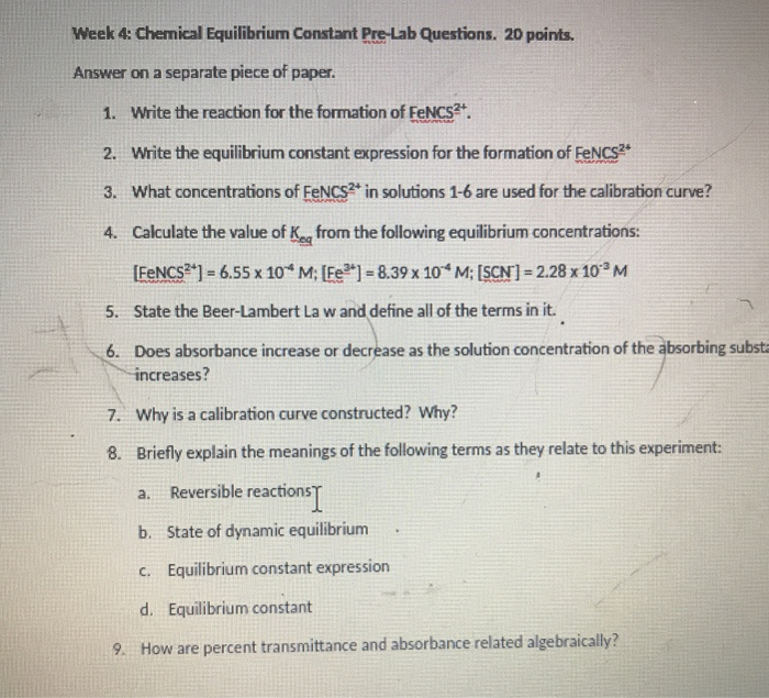Solved Week 4: Chemical Equilibrium Constant Pre-Lab | Chegg.com