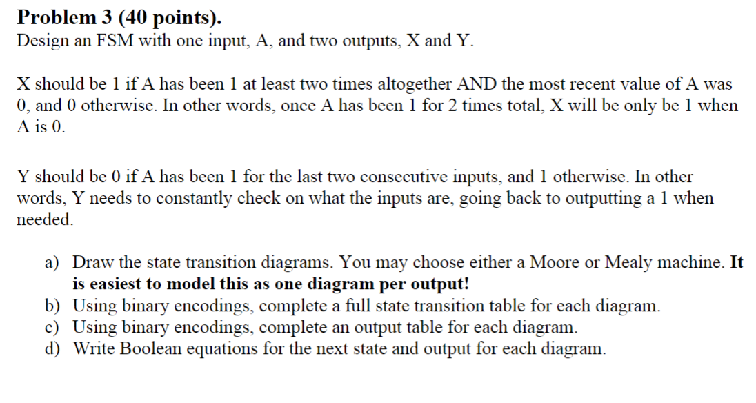 Solved Problem 3 (40 ﻿points).Design an FSM with one input, | Chegg.com