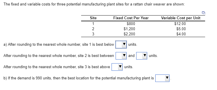Solved The fixed and variable costs for three potential | Chegg.com