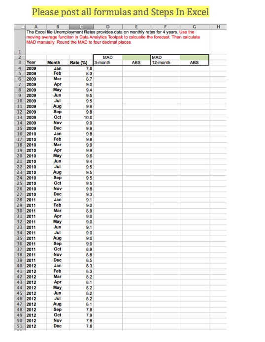 Solved Please post all formulas and Steps In Excel H The | Chegg.com