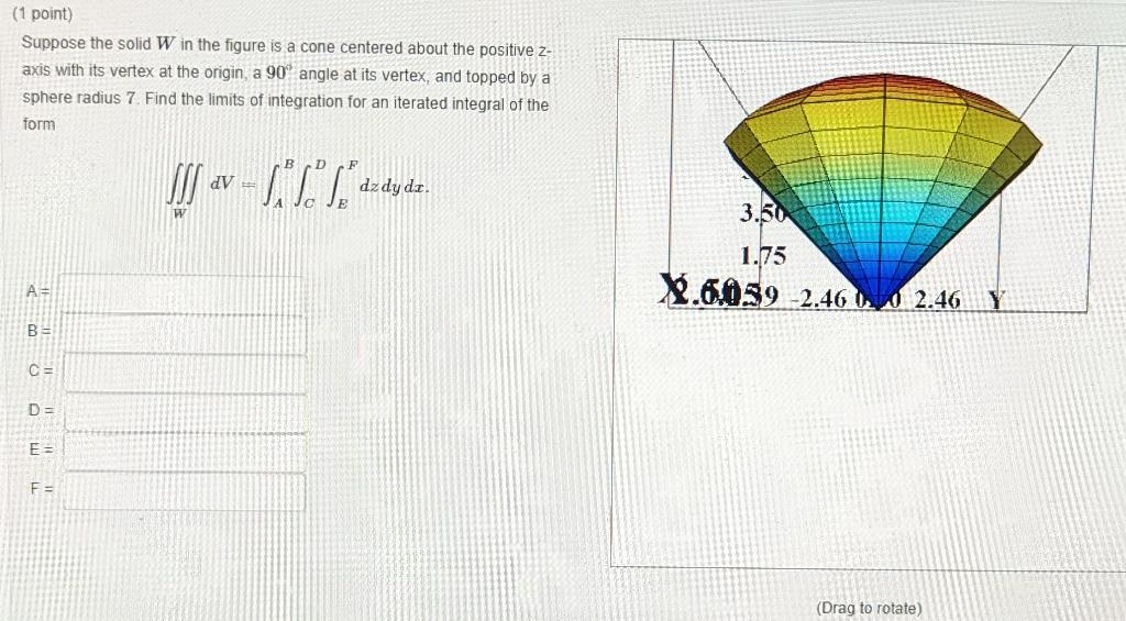 (1 point) Suppose the solid W in the figure is a cone | Chegg.com