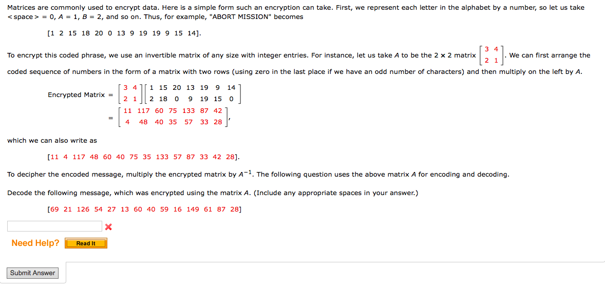 Solved Matrices are commonly used to encrypt data. Here is a | Chegg.com