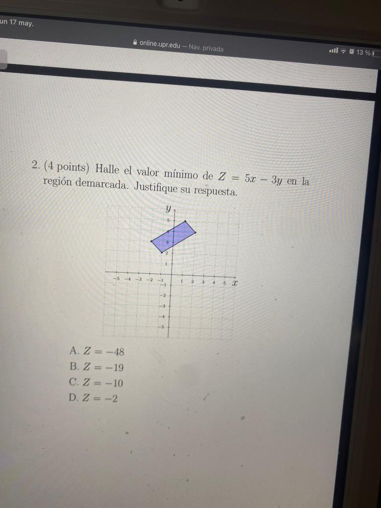 Solved Find the minimum value of Z = 5x-3y in the demarcated | Chegg.com