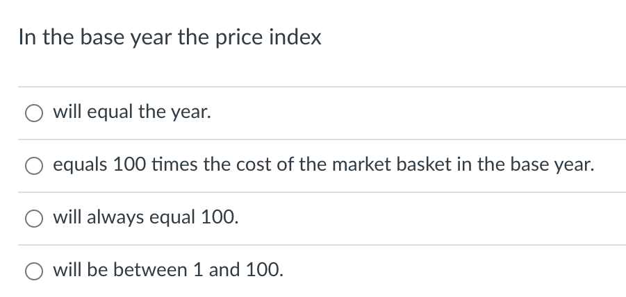 Solved In the base year the price index will equal the year. | Chegg.com