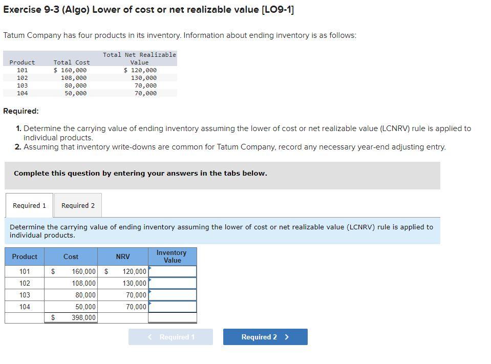 Solved Exercise 9-3 (Algo) Lower of cost or net realizable | Chegg.com