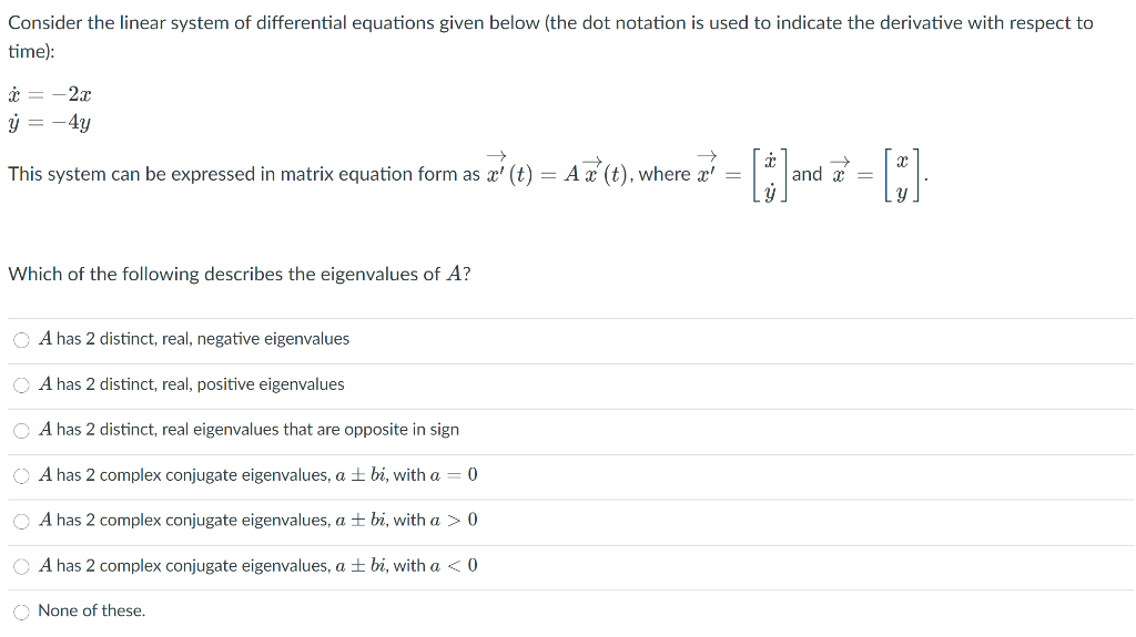Solved Consider the linear system of differential equations | Chegg.com