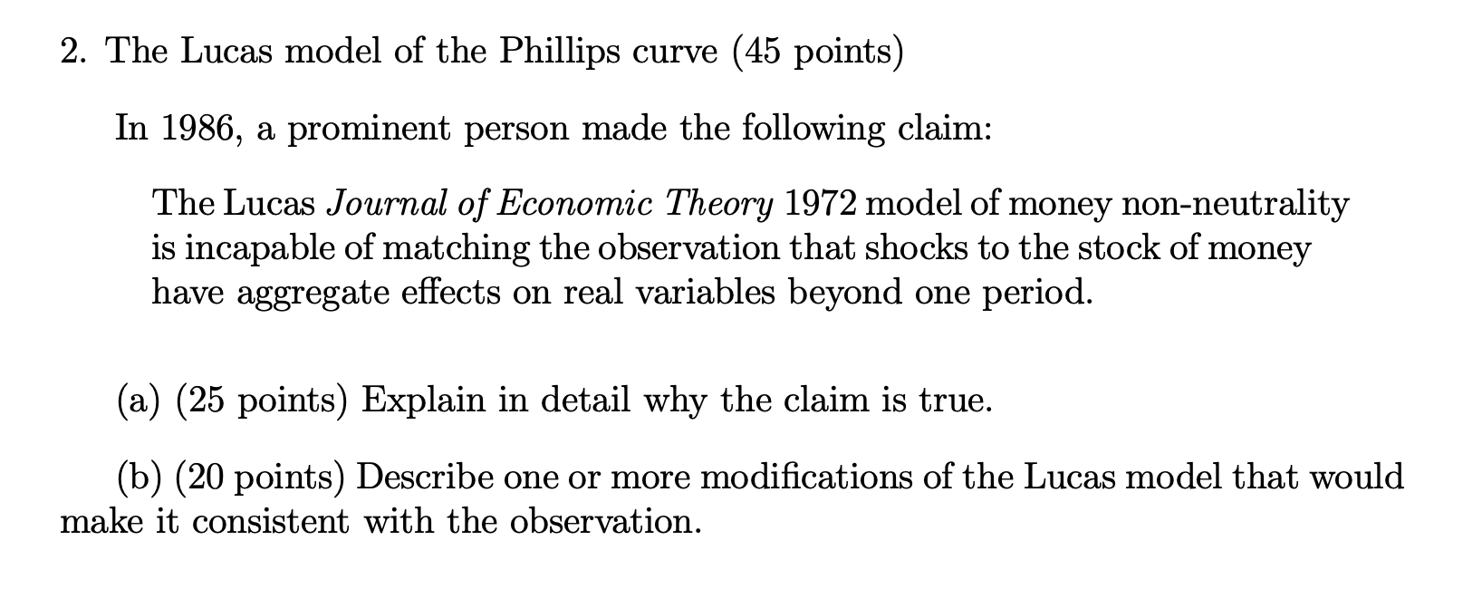 2. The Lucas model of the Phillips curve (45 points) | Chegg.com