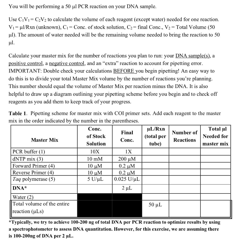 Solved You will be performing a 50 ul PCR reaction on your | Chegg.com