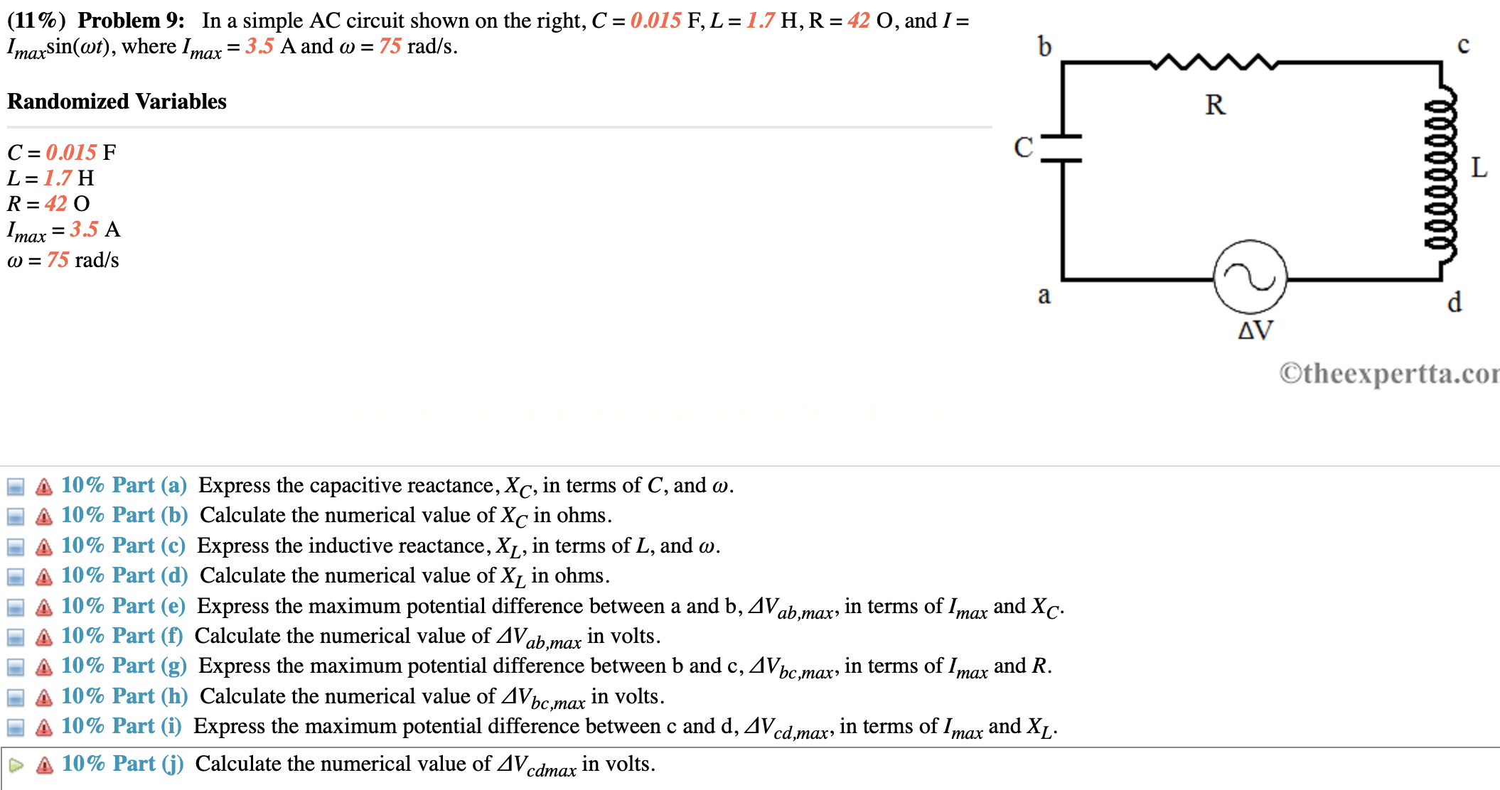 Solved (11%) ﻿Problem 9: In a simple AC circuit shown on the | Chegg.com