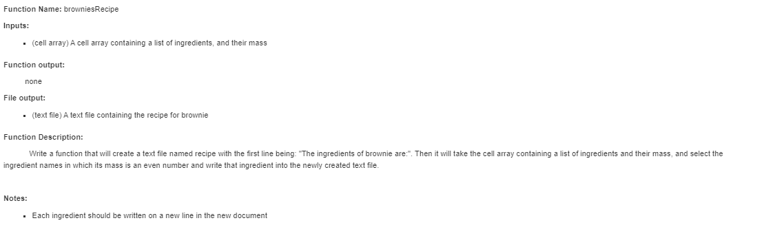 Solved Function Name: browniesRecipe Inputs: ' (cell array) | Chegg.com