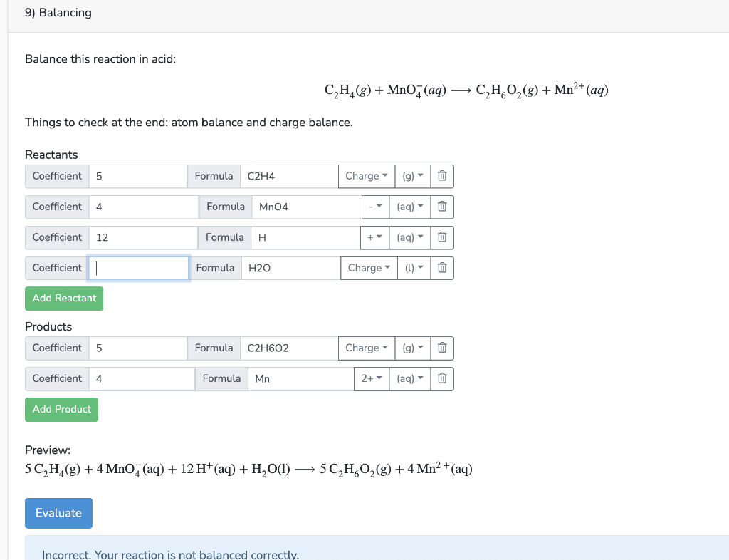 Solved 9) Balancing Balance this reaction in acid: C,H(8) + | Chegg.com