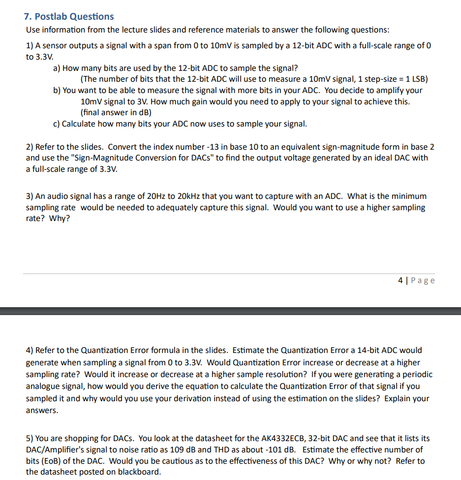 Solved 7. Postlab Questions Use information from the lecture | Chegg.com