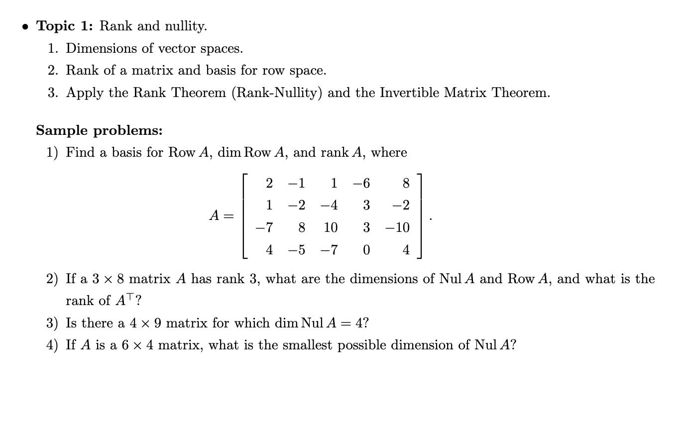 Solved • Topic 1: Rank and nullity. 1. Dimensions of vector | Chegg.com