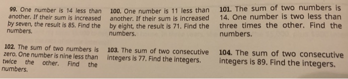 Solved 99. One number is 14 less than another. If their sum | Chegg.com