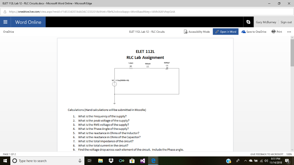 Solved ELET 112L Lab 12 RLC Circuits.doox - Microsoft Word | Chegg.com
