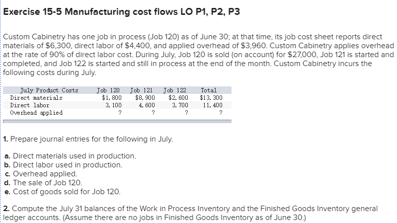 Solved Exercise 15-5 Manufacturing cost flows LO P1, P2, P3 | Chegg.com