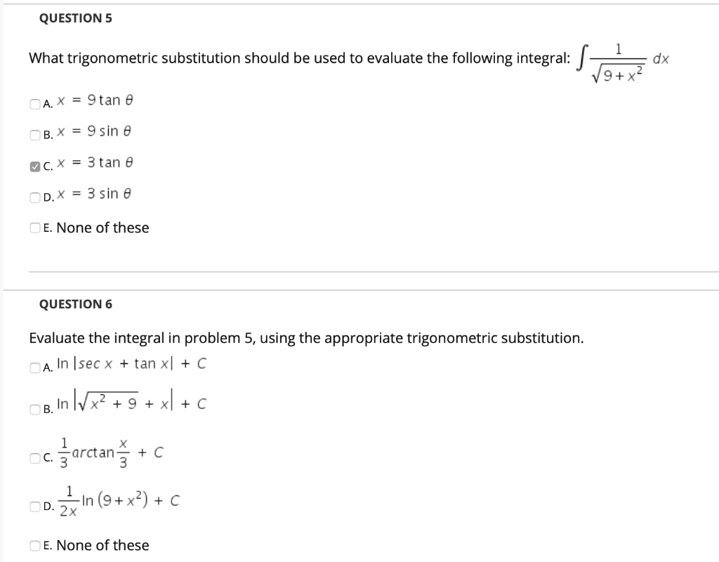 Solved QUESTION 5 What trigonometric substitution should be | Chegg.com