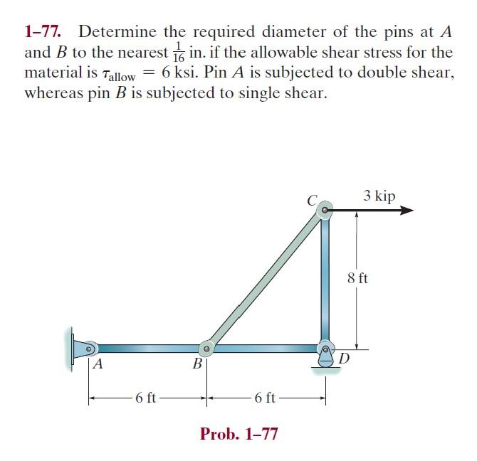 Solved 1-77. Determine the required diameter of the pins at | Chegg.com