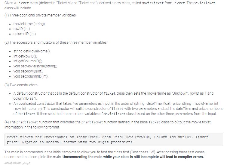 Solved Given a Ticket class (defined in "Ticket.h' and | Chegg.com