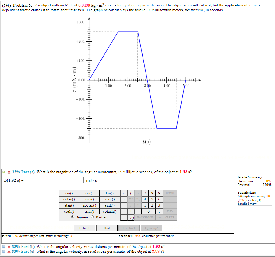 Solved (7%) ﻿Problem 3: An object with an MOI of 0.0439kg*m2 | Chegg.com