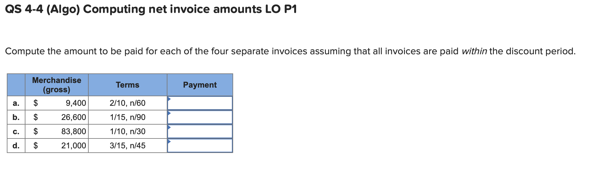 Solved QS 4-4 (Algo) ﻿Computing net invoice amounts LO | Chegg.com