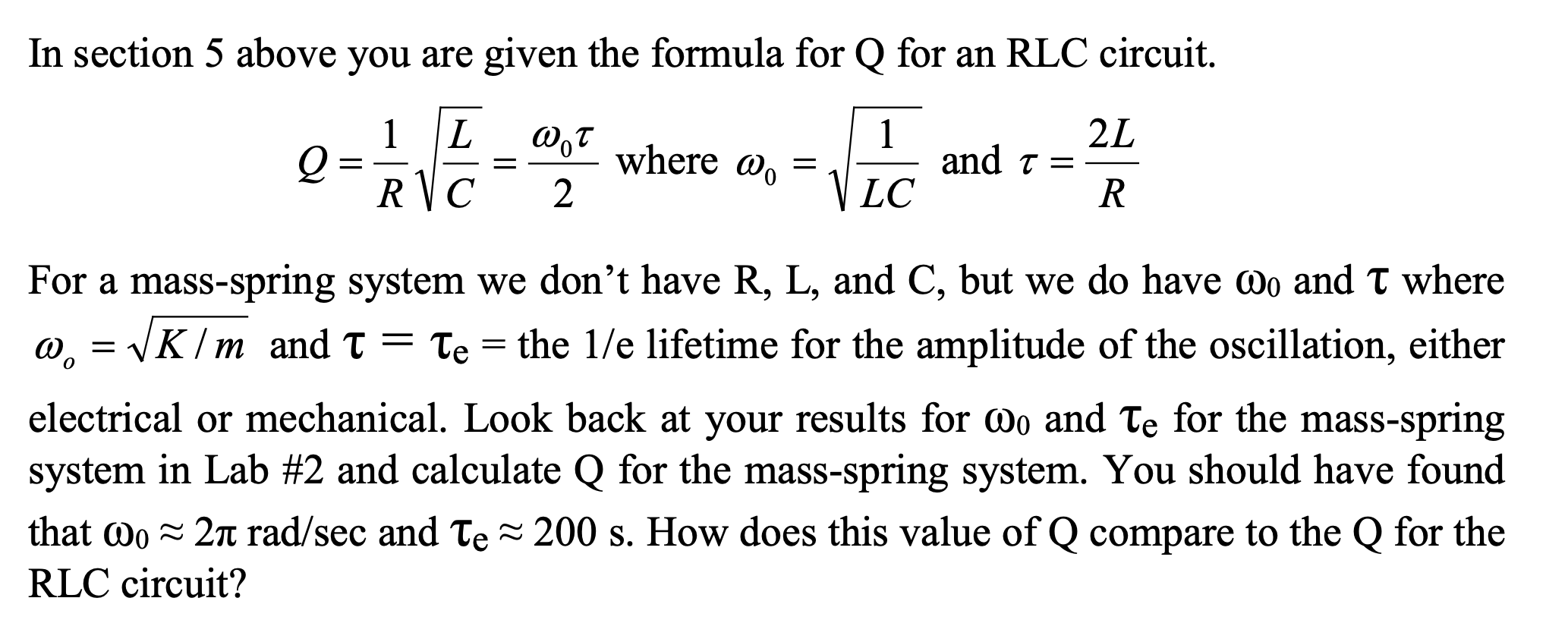 Solved In section 5 above you are given the formula for Q | Chegg.com