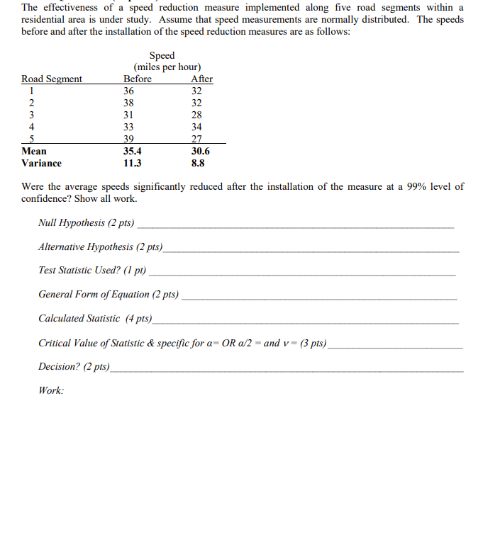 Solved The effectiveness of a speed reduction measure | Chegg.com