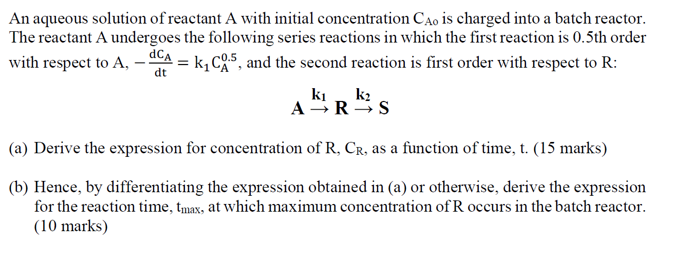 Solved An aqueous solution of reactant A with initial | Chegg.com