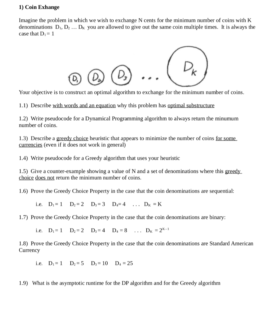 1) Coin Exhange Imagine the problem in which we wish | Chegg.com