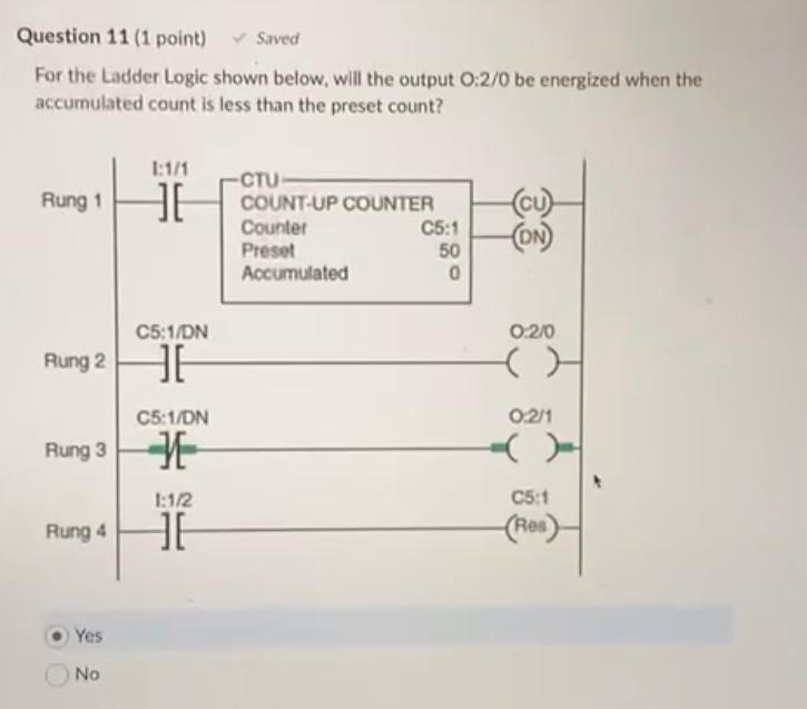 Solved For the ladder logic shown below, Rung 4 goes true | Chegg.com
