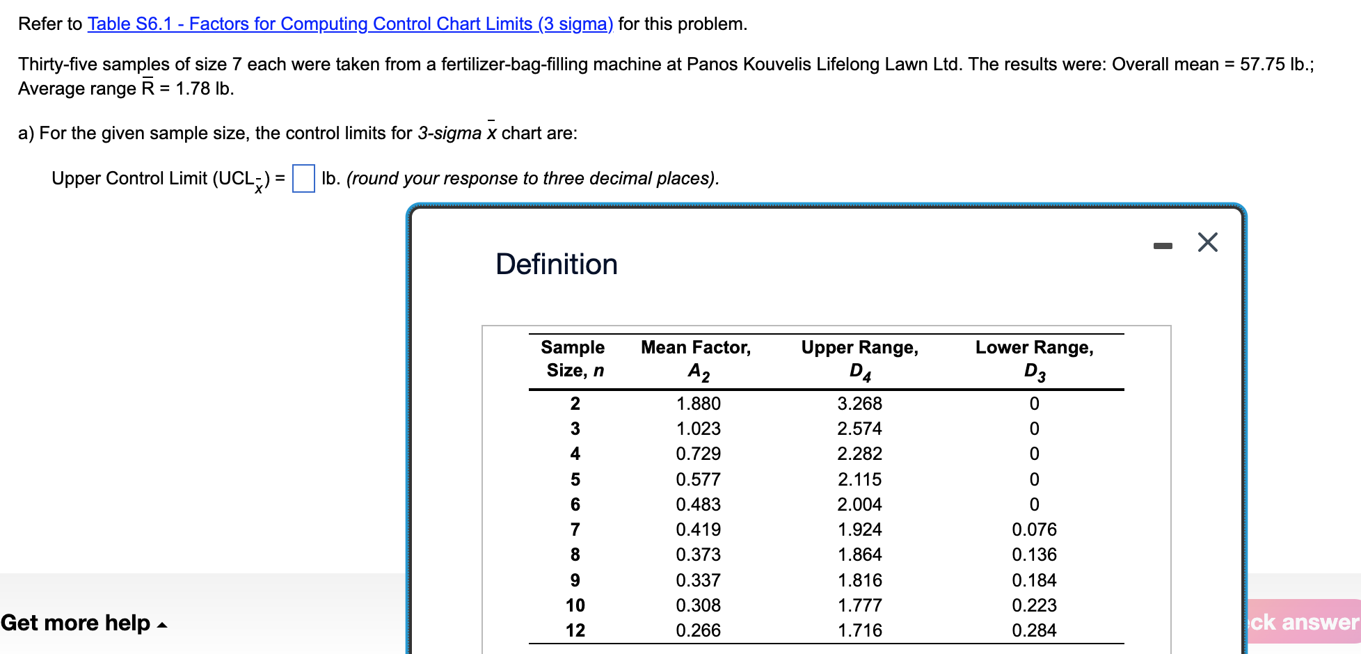 Solved Refer to Table S6.1 - Factors for Computing Control | Chegg.com