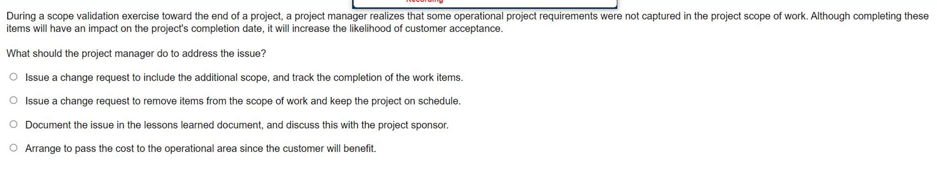Solved During a scope validation exercise toward the end of | Chegg.com