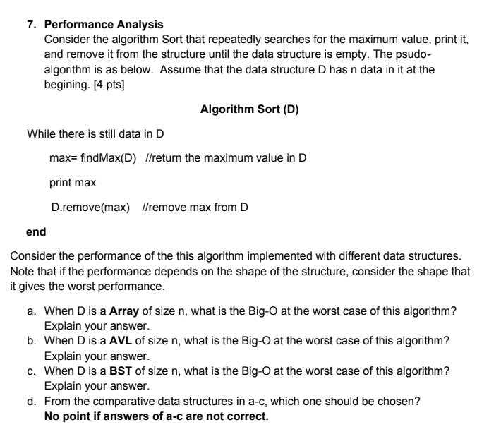 Solved 7. Performance Analysis Consider the algorithm Sort | Chegg.com