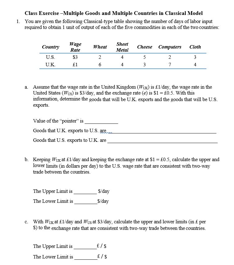 Class Exercise -Multiple Goods and Multiple Countries | Chegg.com