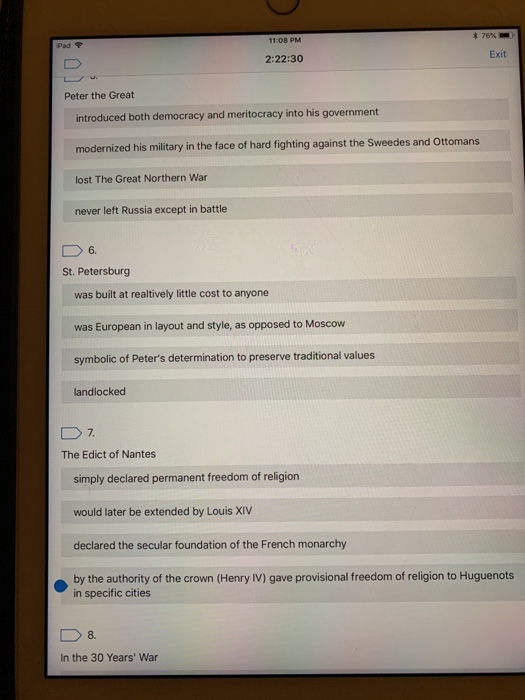 Solved 11:08 PM Pad Exit 2:22:30 Peter the Great introduced | Chegg.com