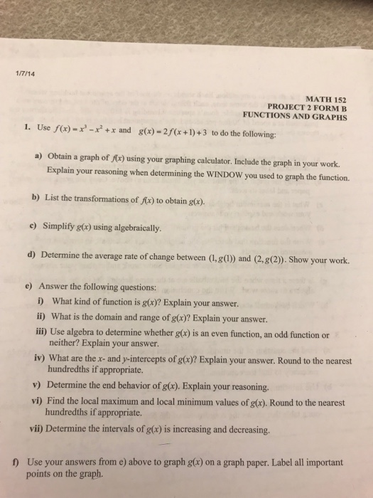 Solved MATH 152 PROJECT 2 FORM B FUNCTIONS AND GRAPHS 1. Use | Chegg.com